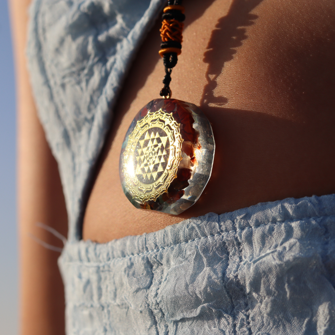 Sri Yantra Lucky Orgonite Necklace | Lucky Obsidian